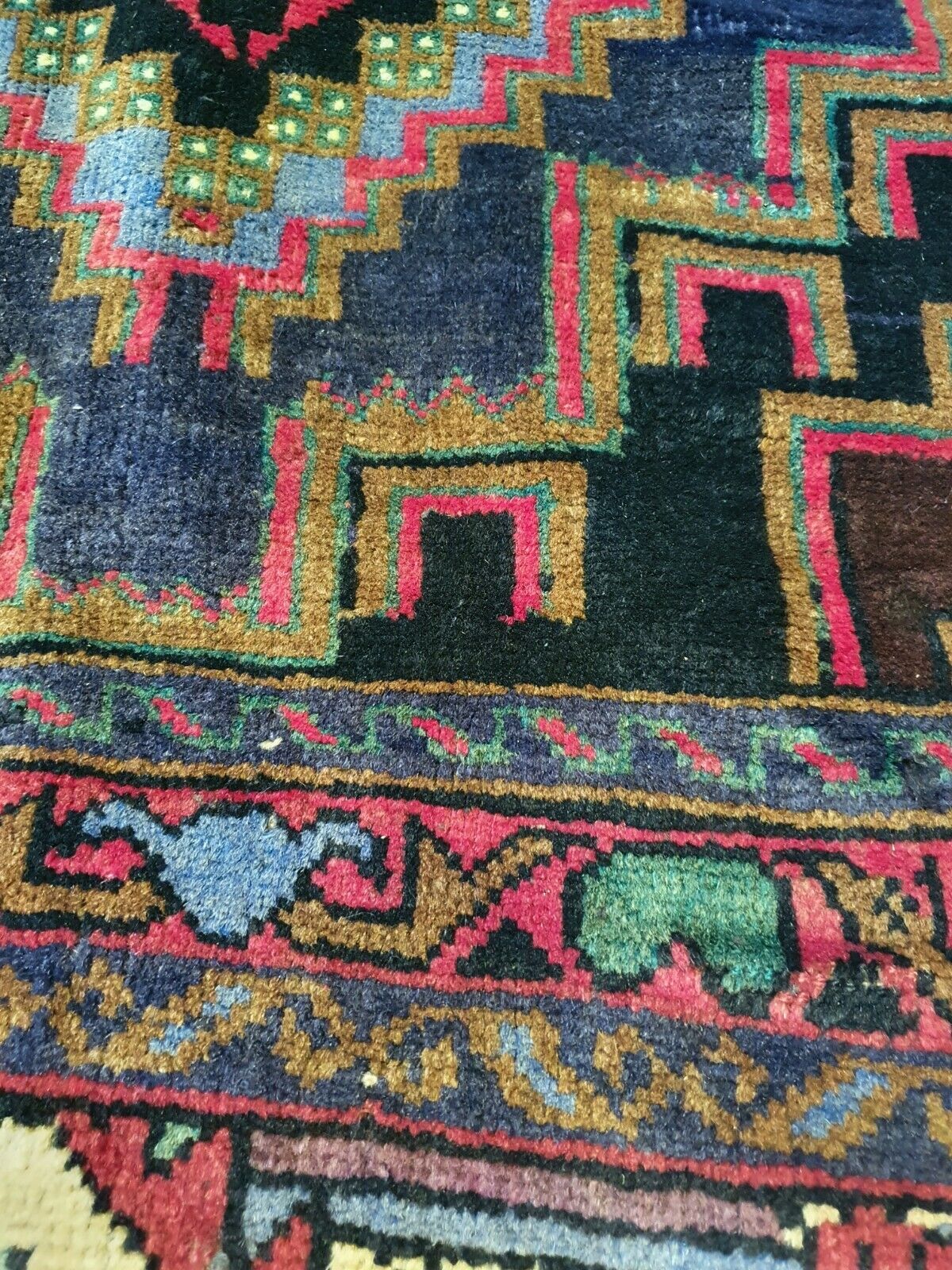 Vintage Middle Eastern Handknotted Rug Woollen Geometrical Deep Colours ...