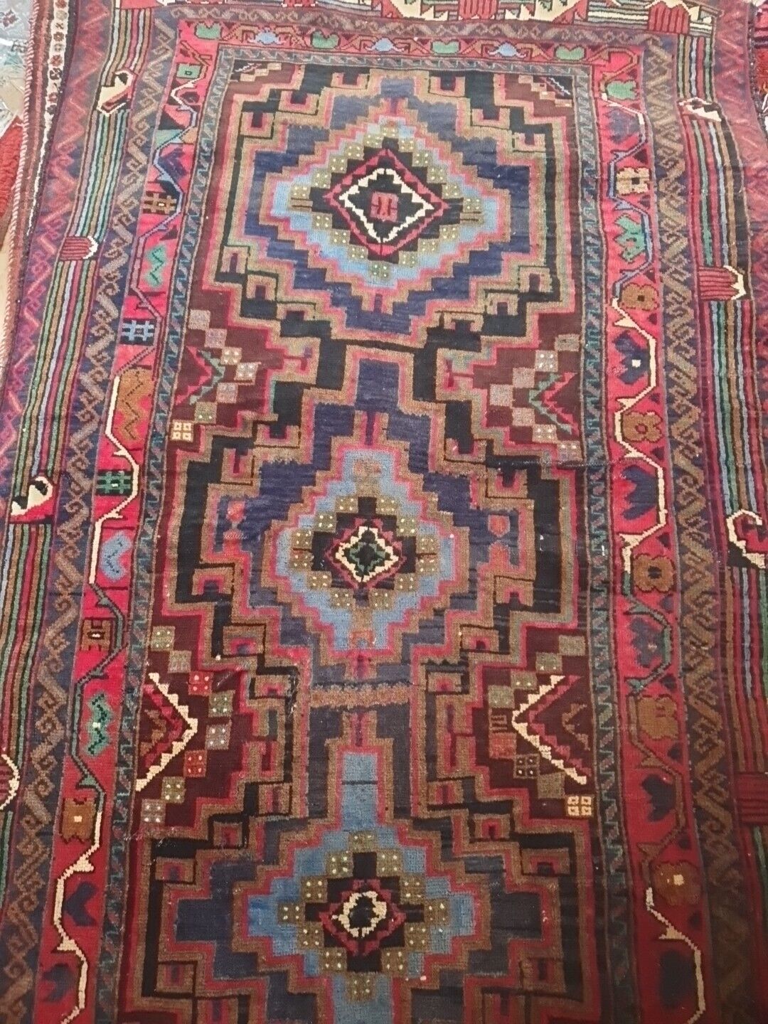 Vintage Middle Eastern Handknotted Rug Woollen Geometrical Deep Colours ...