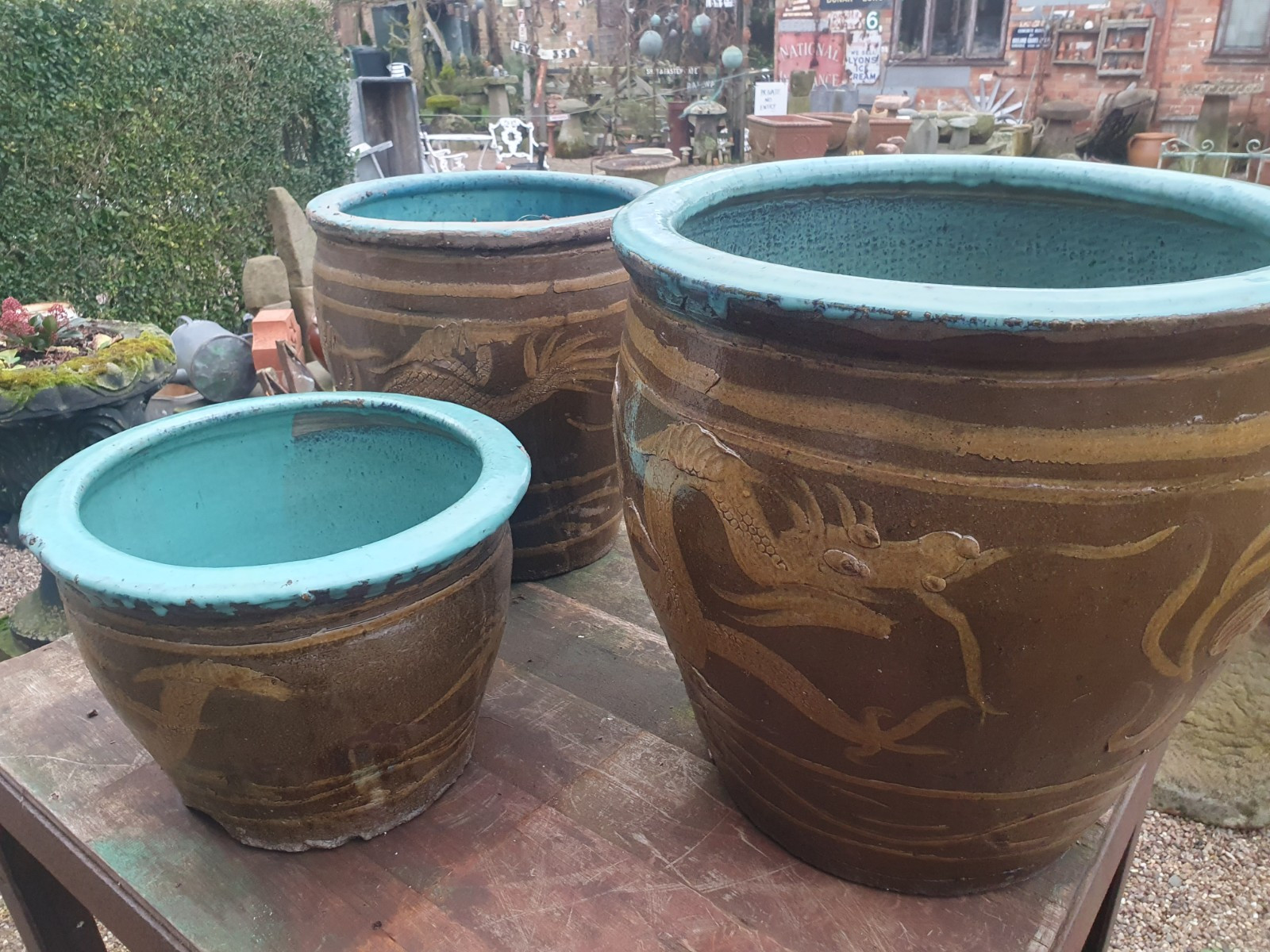 3 Oriental Chinese ‘Egg Pot’ Dragon Planters Vintage Plant Pot Garden ...