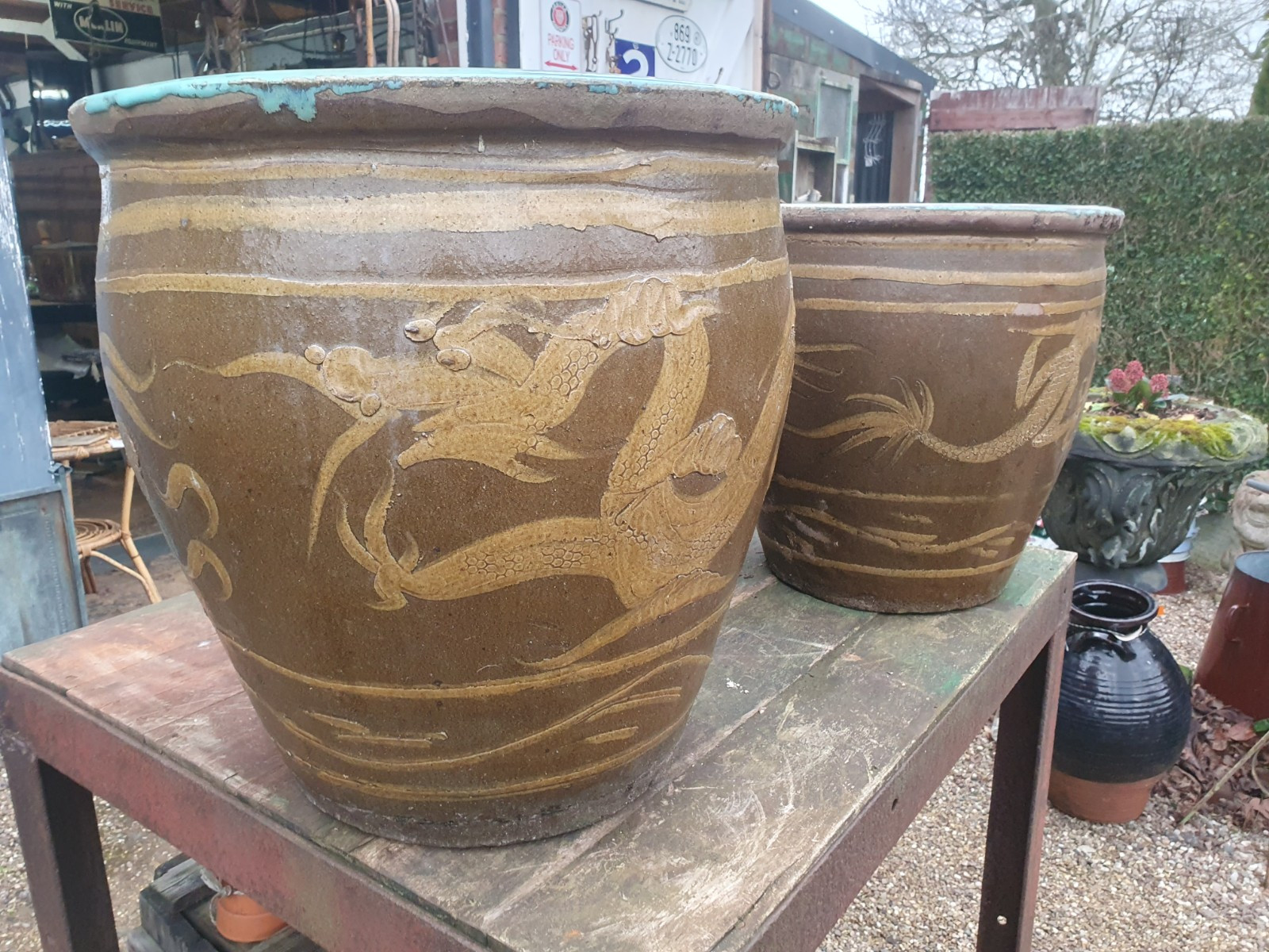 3 Oriental Chinese ‘Egg Pot’ Dragon Planters Vintage Plant Pot Garden ...