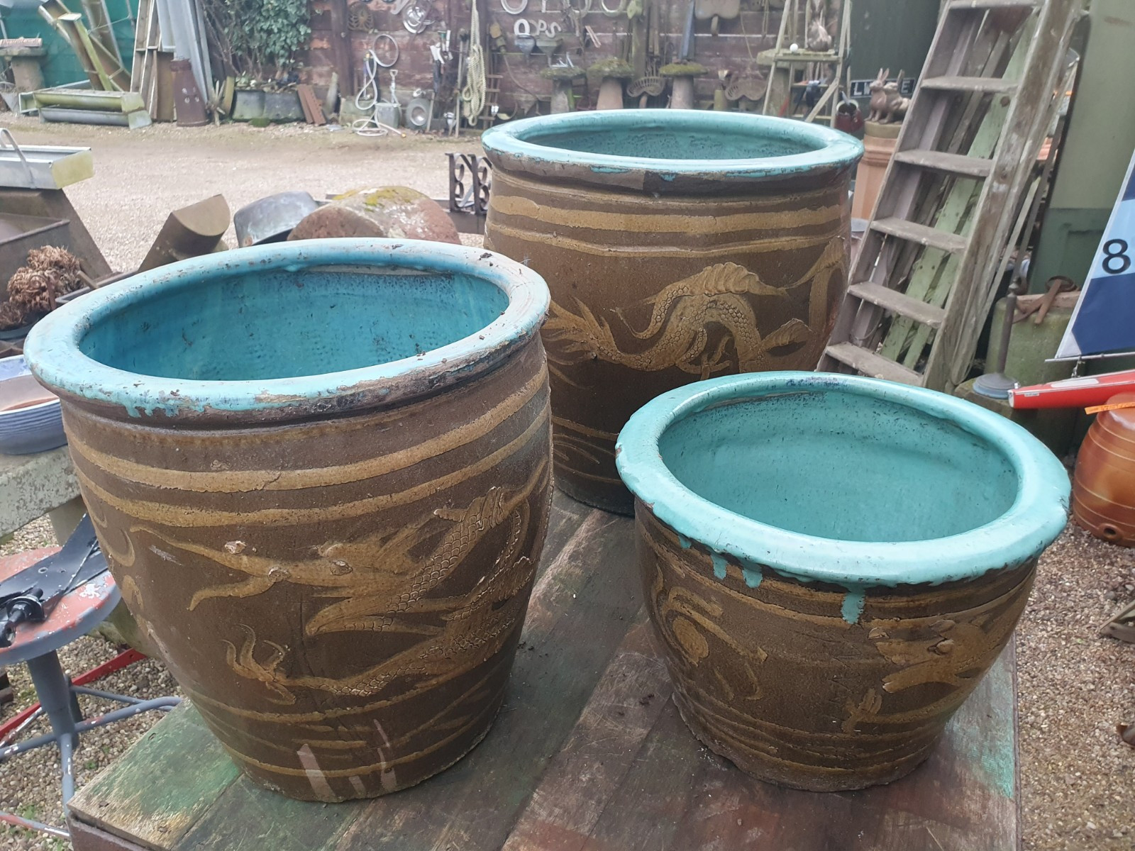 3 Oriental Chinese ‘Egg Pot’ Dragon Planters Vintage Plant Pot Garden ...